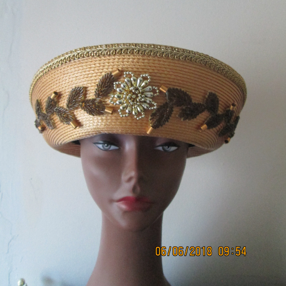 Vintage Gold Metallic Straw Hat - Gem